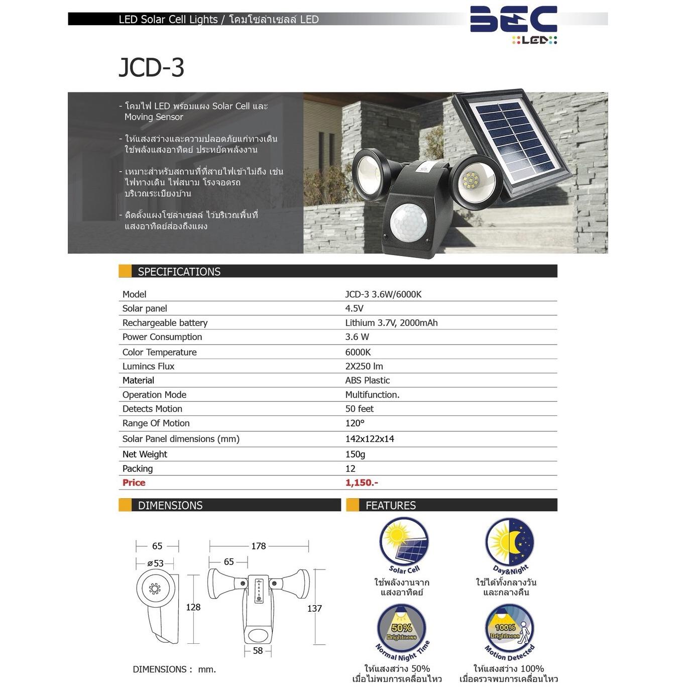 BEC โคมไฟ LED โซล่าเซลล์ ใช้พลังงานแสงอาทิตย์ ด้วยระบบ Moving Sensor ...