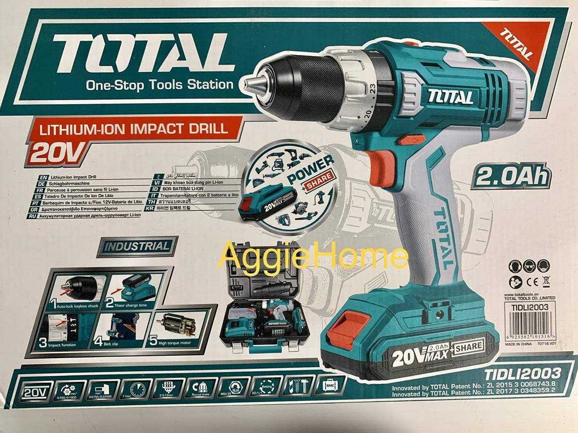 TOTAL ชุดสว่านแบตเตอรี่ไร้สาย TIDLI 2003 20 โวลล์ (รวมแบต 2 แอมป์และที่ ...
