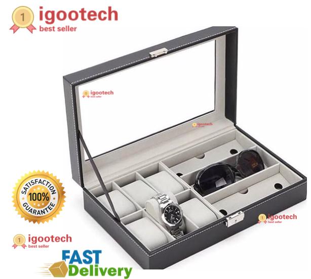 igootech Cassablu กล่องนาฬิกา 6 เรือน กล่องใส่แว่นตา 3 อัน หนังสีน้ำตาล ด้านในบุกำมะหยี่ ฝากระจก ...