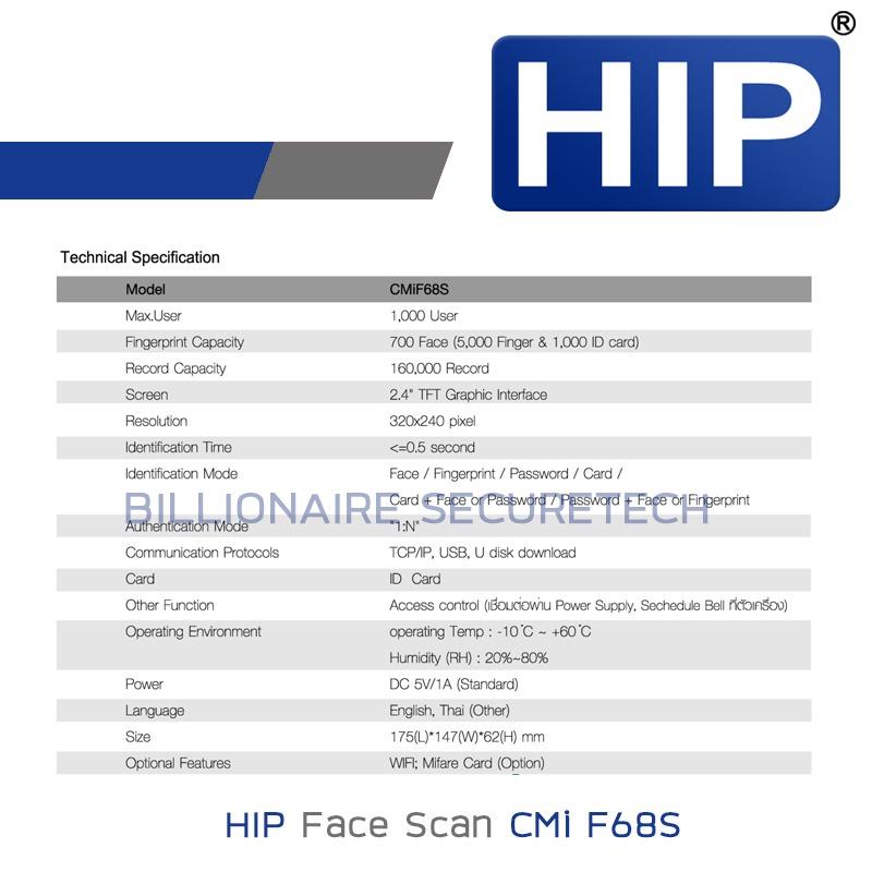 HIP เครื่องสแกนใบหน้า, ลายนิ้วมือ, การ์ด CMI F68S (700) BY BILLIONAIRE SECURETECH - Billionaire ...