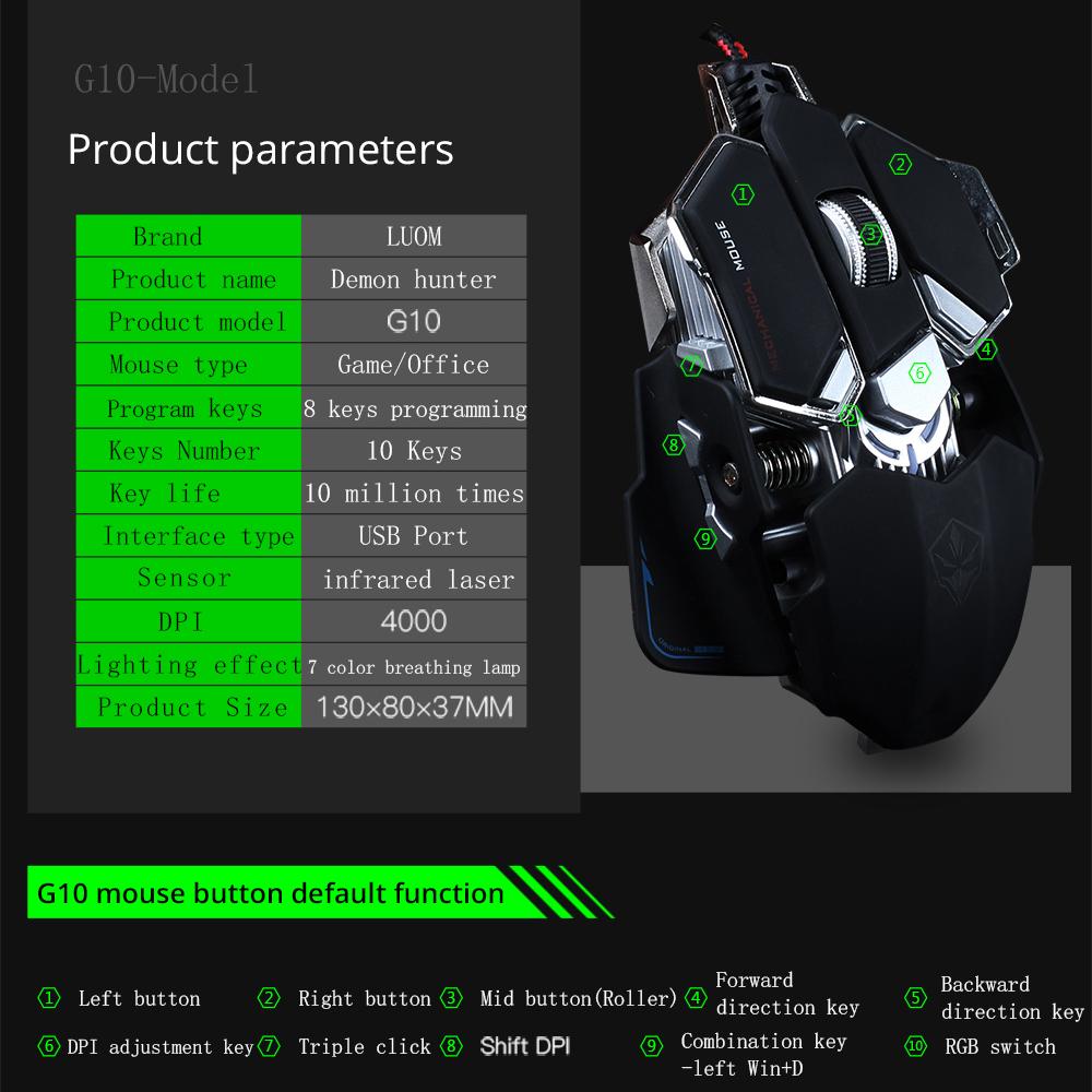 LUOM G10 RGB เมาส์สำหรับเล่นเกมส์ USB สาย 9 ปุ่ม 4 สี Backlight 4000 ...