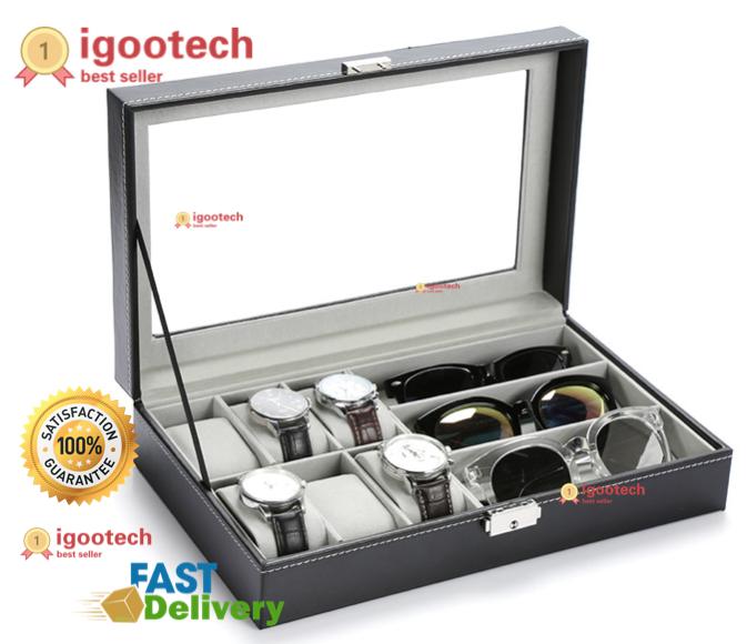 igootech Cassablu กล่องนาฬิกา 6 เรือน กล่องใส่แว่นตา 3 อัน หนังสีน้ำตาล ด้านในบุกำมะหยี่ ฝากระจก ...