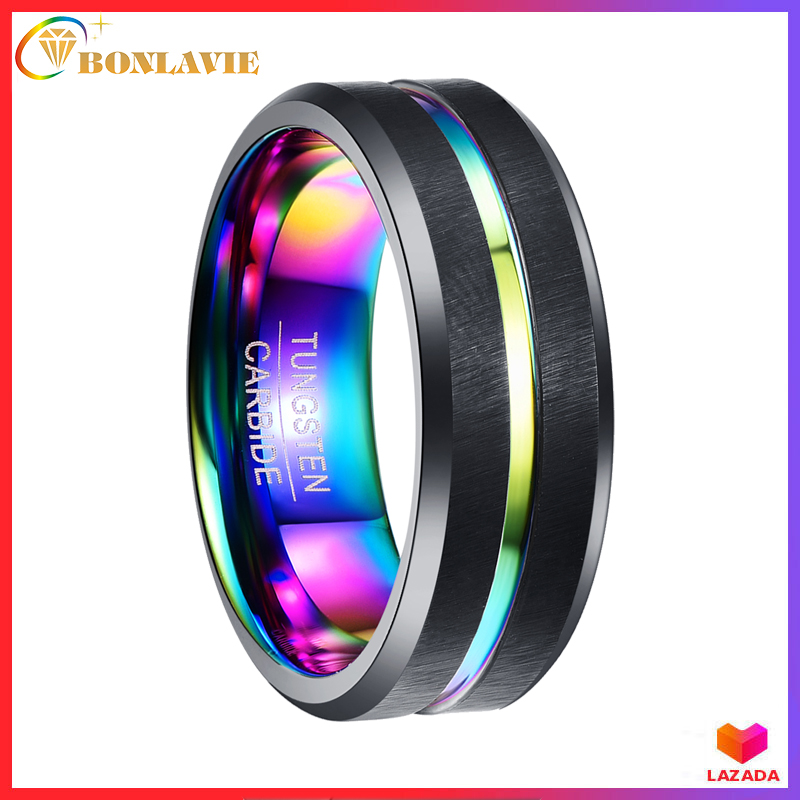 BONLAVIE 8mm Hawaiian Koa Wood Authentic Tungsten Carbide Ring 18K Rose ...