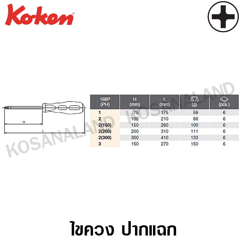 Koken ไขควง ปากแฉก ไม่ทลุ 6 นิ้ว PH3 รุ่น 168P (Phillips Screwdrivers) - Kosanaland - ThaiPick