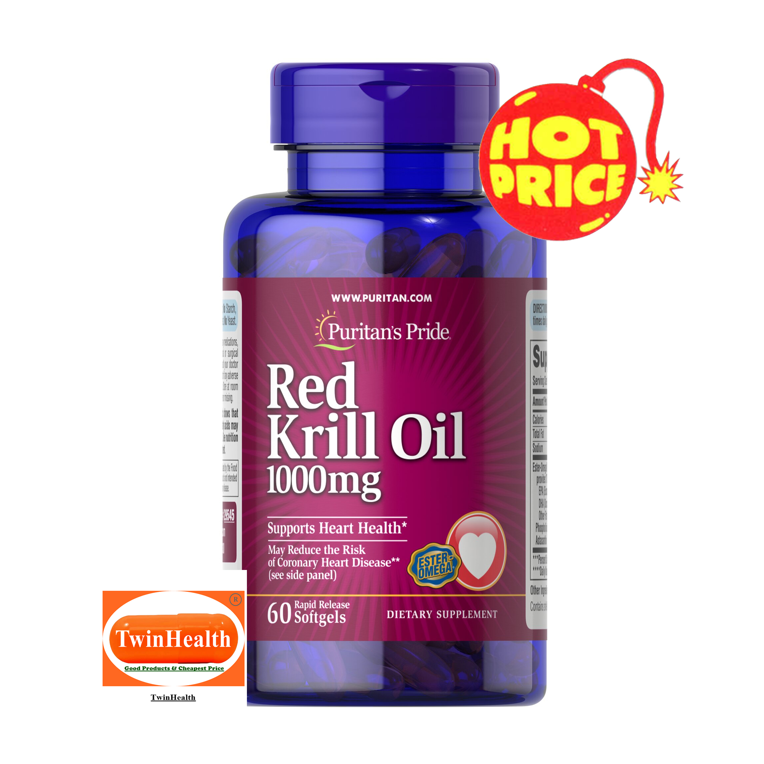 Puritan's Pride Red Krill Oil 1000 mg (170 mg Active Omega-3) / 60 ...