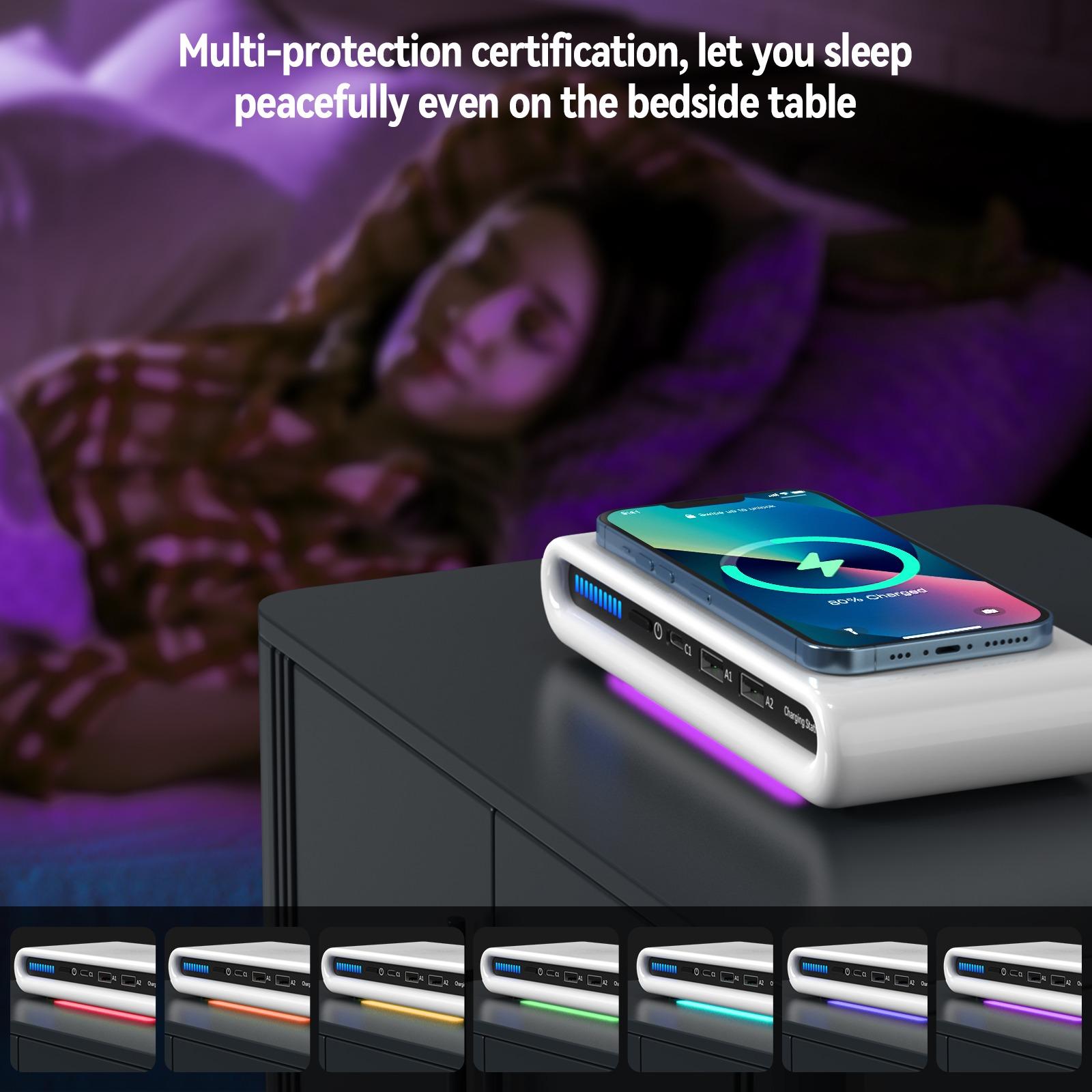 แท่นชาร์จโทรศัพท์มือถือไร้สาย เครื่องเดียวสำหรับหลายวัตถุประสงค์ ชาร์จได้ 4 พอร์ต ไฟ RGB โดยรอบ ...