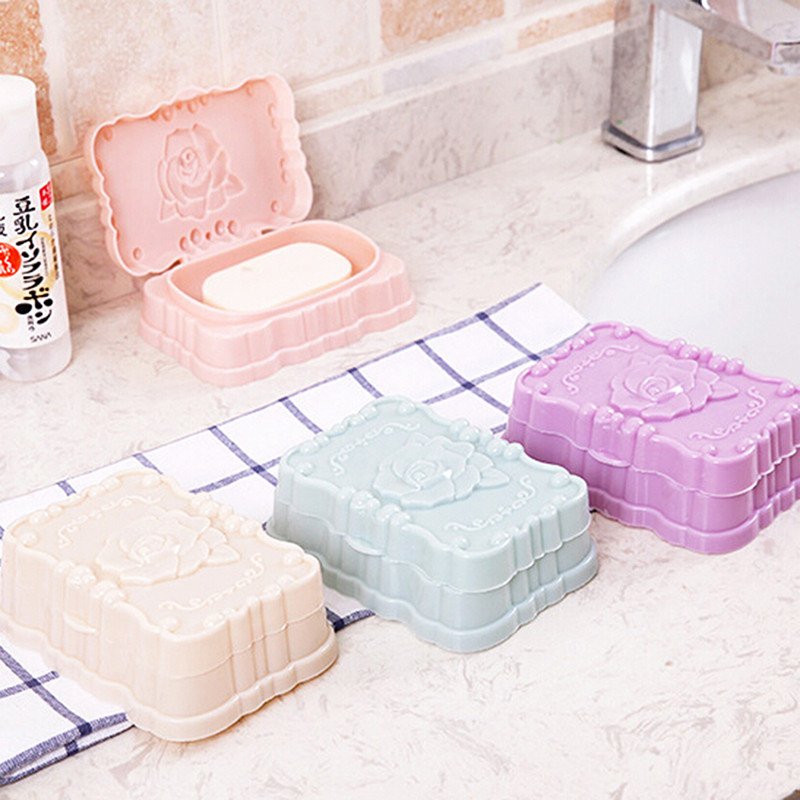 Rose Carved Portable Soap Dish Box Case Holder Wash Dust-proof Shower ...