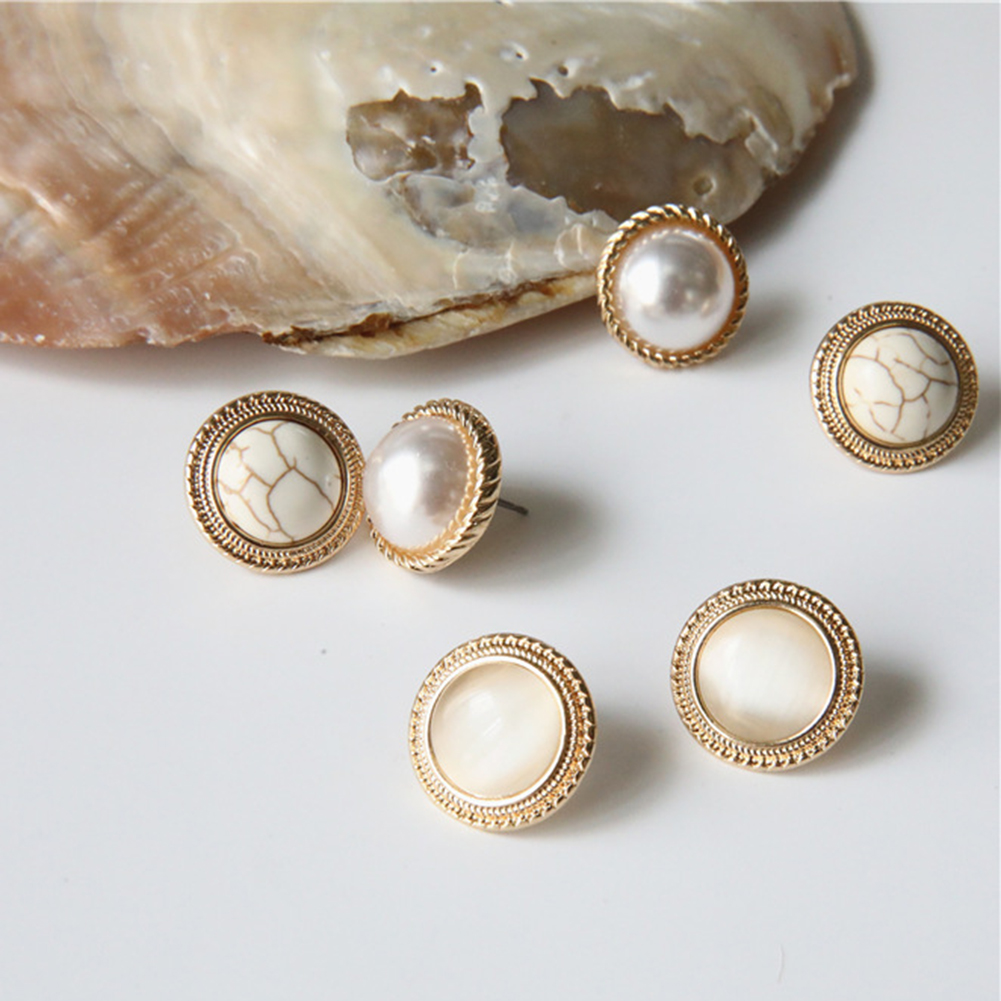 New Vintage Round Marble Opal Stone Big Stud Earrings Women Fashion Temperament Gold Ear Stud ...