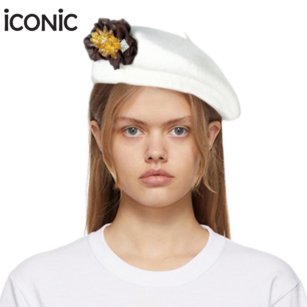 iCONiC WHITE BARET HAT #2500 หมวก ผ้าขนสัตว์ ตกแต่ง คริสตัล หมวกผ้า ...