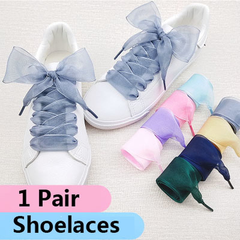 1 Pair Satin Silk Flat Shoelaces 2.5cm Wide Sweet Ribbon Shoe Laces ...