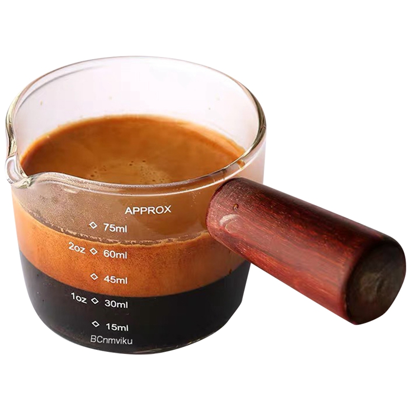 Glass Measuring Cup Espresso Shot Glass 75ML Triple Pitcher Barista Single Spouts with Wood ...
