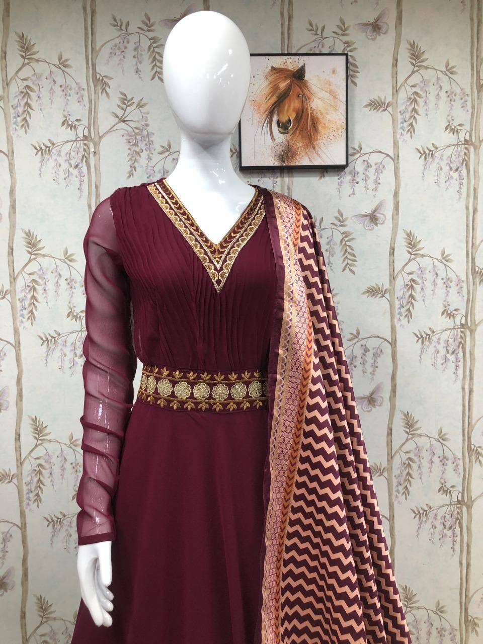 Dress LongGarnet Gown Fabric :- Georgette Gown inner :- crape Gown ...