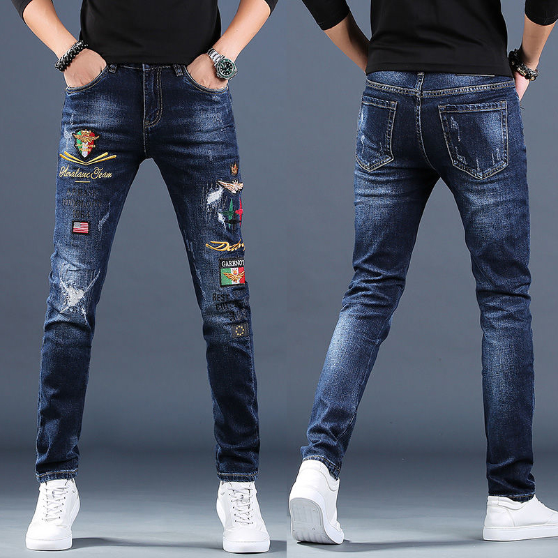 Embroidery European Fashion Men Jeans stretch Denim Pants Man Slim ...