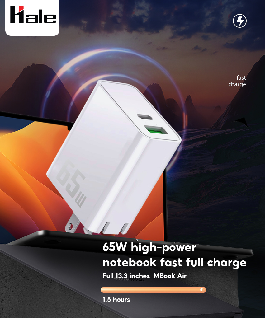 HALE 65W หัวชาร์จ 2 พอร์ต USB-A USB-C สำหรับ iPhone iPad โน็ตบุค แท็บเล็ต MateBook fast charging ...