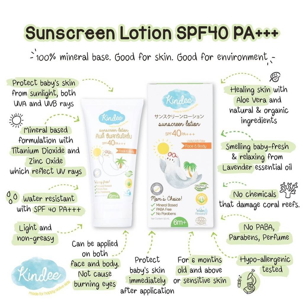 Kindee โลชั่นกันแดดสูตรออร์แกนิค SPF 40PA Sunscreen Lotion 50 มล. (ใช้ได้ตั้งแต่เด็กอายุ 6 เดือน ...