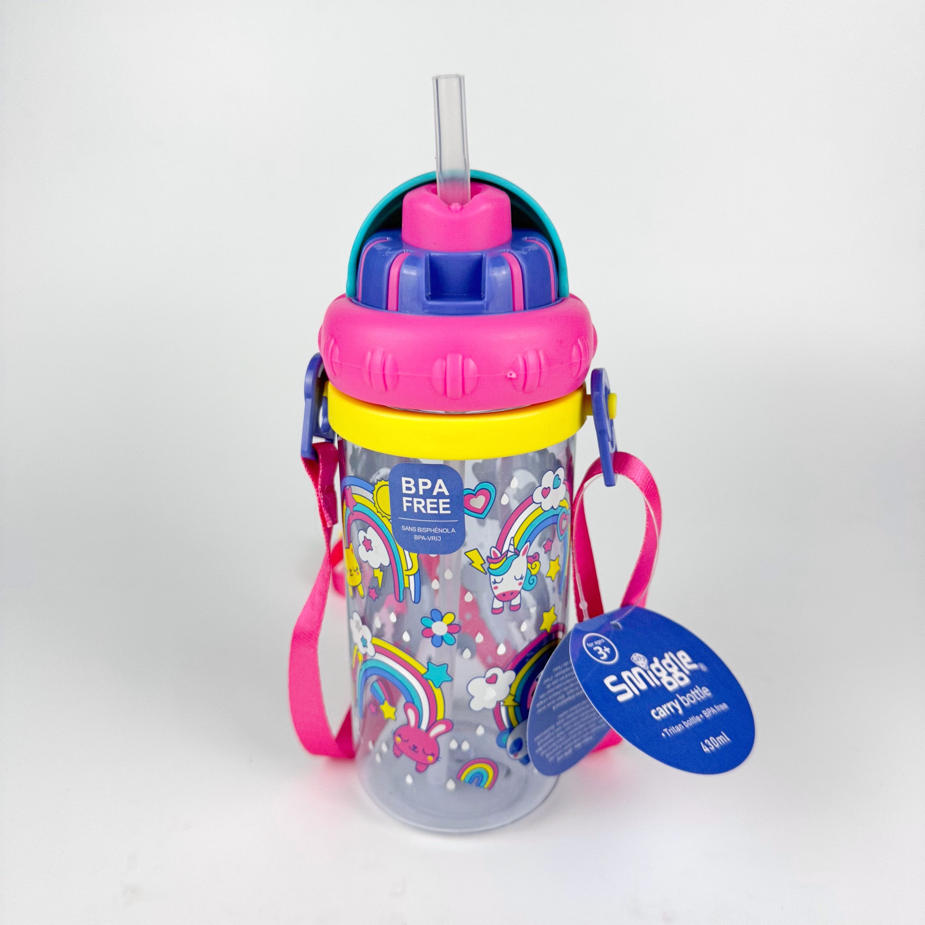 พร้อมส่ง💕 กระติกน้ำเด็ก ลายSmiggle 430ml. หลอดเด้ง มีสาย กระบอกน้ำเด็กพกพา ขวดน้ำ ลายการ์ตูน BPA ...