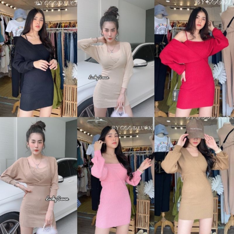 ⊕ Spinny House มินิเดรส 2 in 1 สายเดี่ยวใส่เป็นเปิดไหล่ได้ แต่งทรงคอวีเข้ารูป 2in1 Dress เดรสน้ำ ...