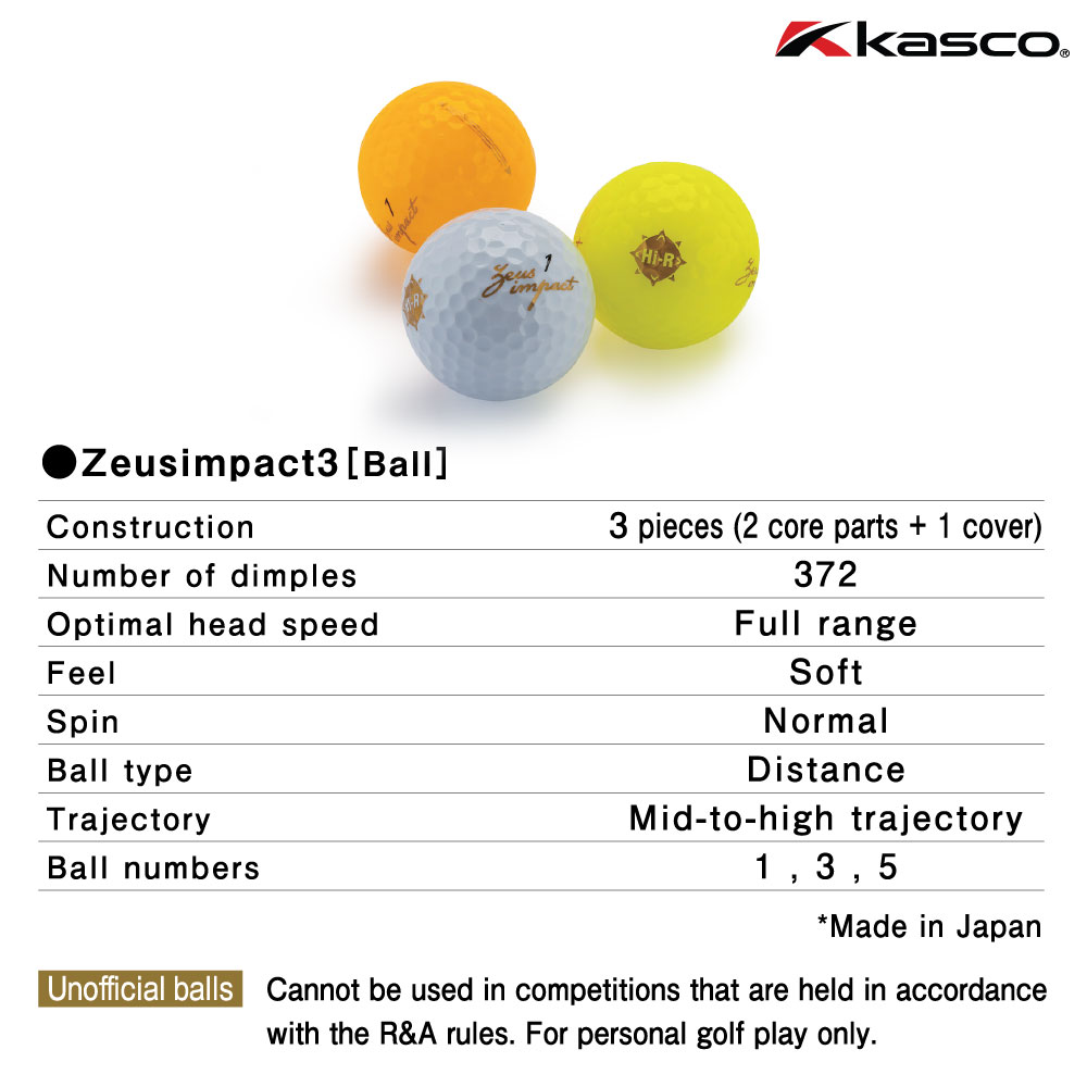 KASCO ZEUS IMPACT 3 Hicor Golf Ball for Men (1DZ) ลูกกอล์ฟผู้ชาย ตีไกล ผิดกฎ รุ่นใหม่ Zeus ...