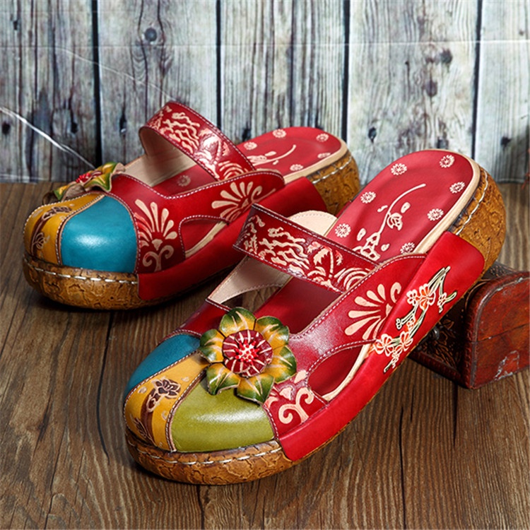 ﺴ SOCOFY Women Summer Leather Sandals Slippers Flower Hollow Out ...