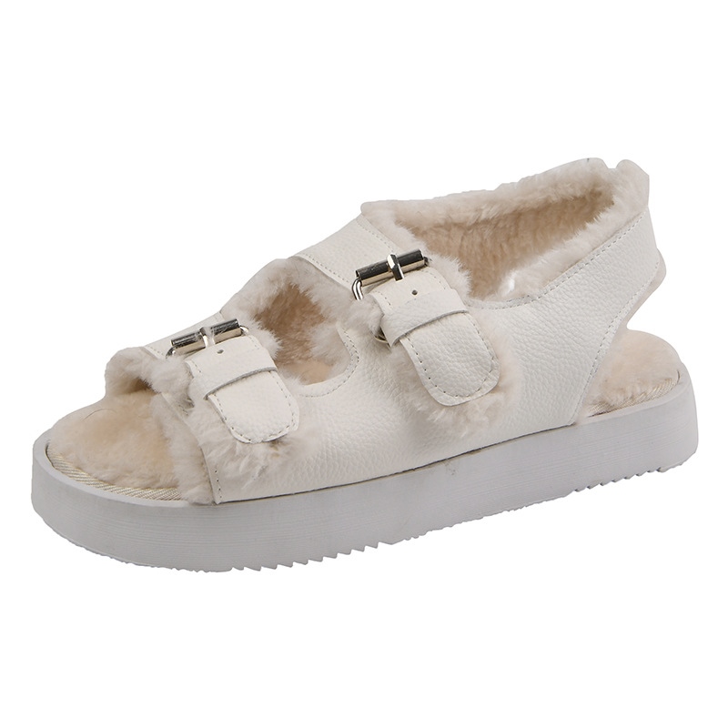 Women Wool Furry Fur Sandals Double Buckle Band Cotton Sandales Female ...