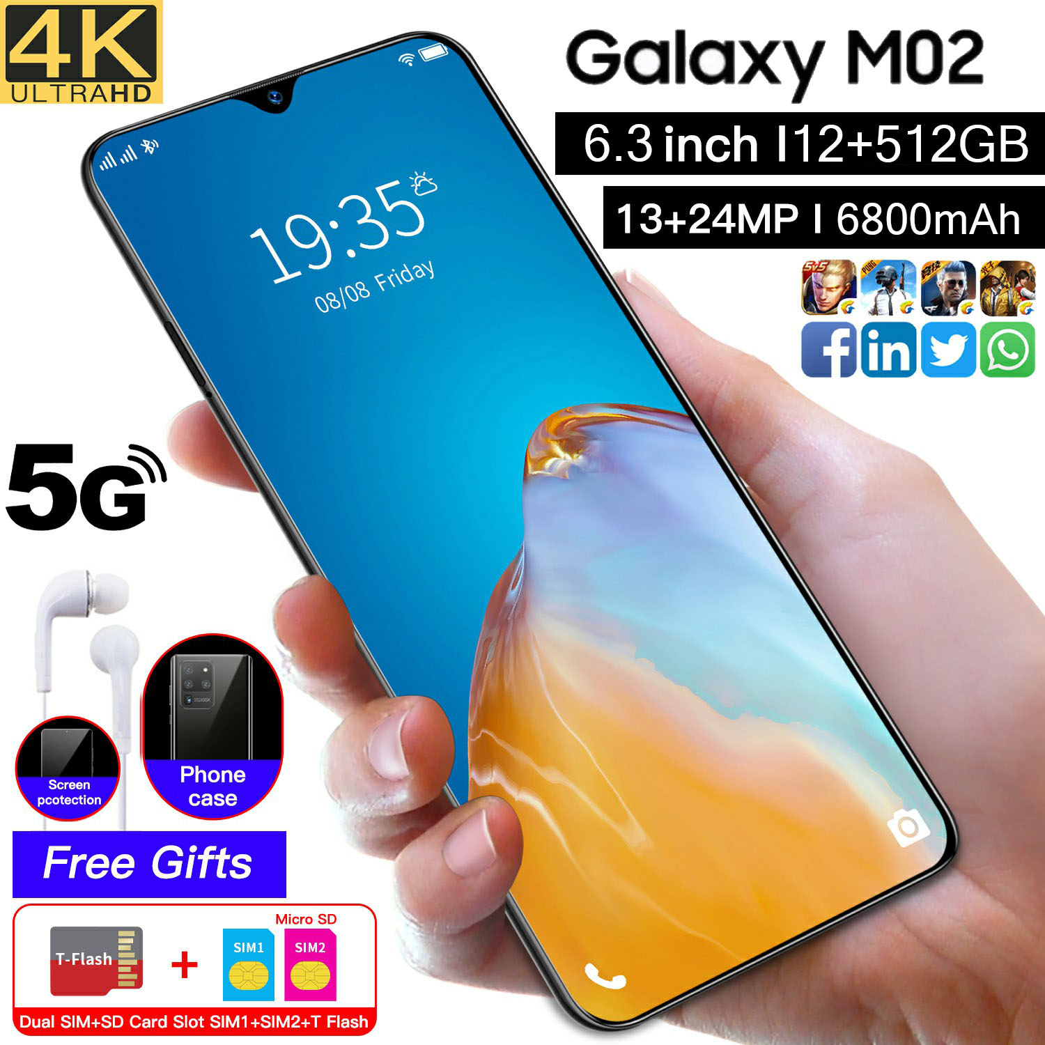โทรศัพท์มือถือ Sumsung Galaxy M02 สมาร์ทโฟน 6.3นิ้ว RAM12GB ROM512GB ...