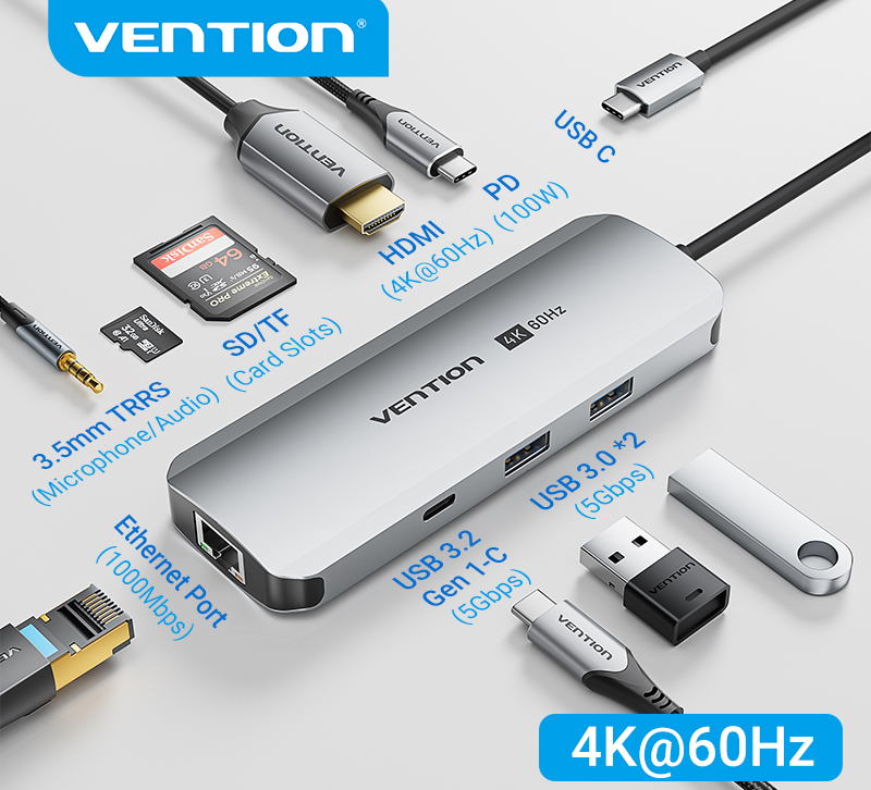 Vention Multiport USB C HUB Type C to USB 3.0 4K 60Hz 5Gbps HDMI VGA PD 100W RJ45 SD TF Network ...