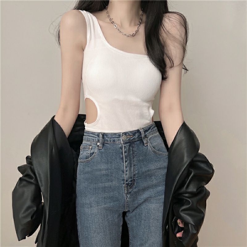 Zero SHOP????พร้อมส่ง???? (Zero-FY1823) เสื้อกล้ามไหมพรม มีฟองน้ำ ดีเทลสายข้างเดียว เว้าเอวเซ็ก ...