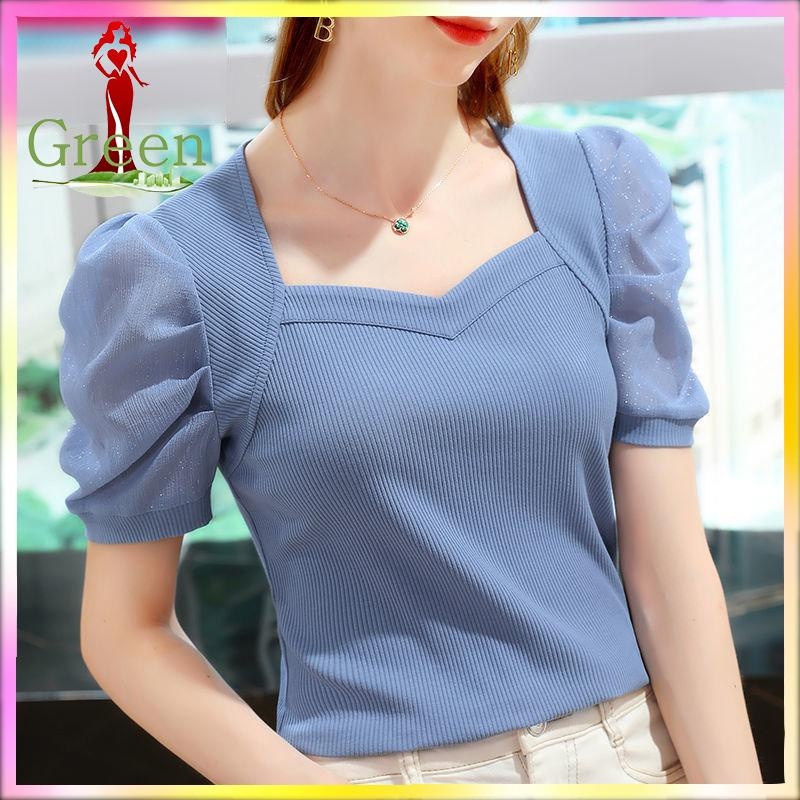 DH100-1.12 เสื้อยืดแขนสั้น ผ้าเรยอน ขนาดใหญ่ สีเขียว แฟชั่นฤดูร้อน สไตล์ฝรั่งเศส สําหรับผู้หญิง ...