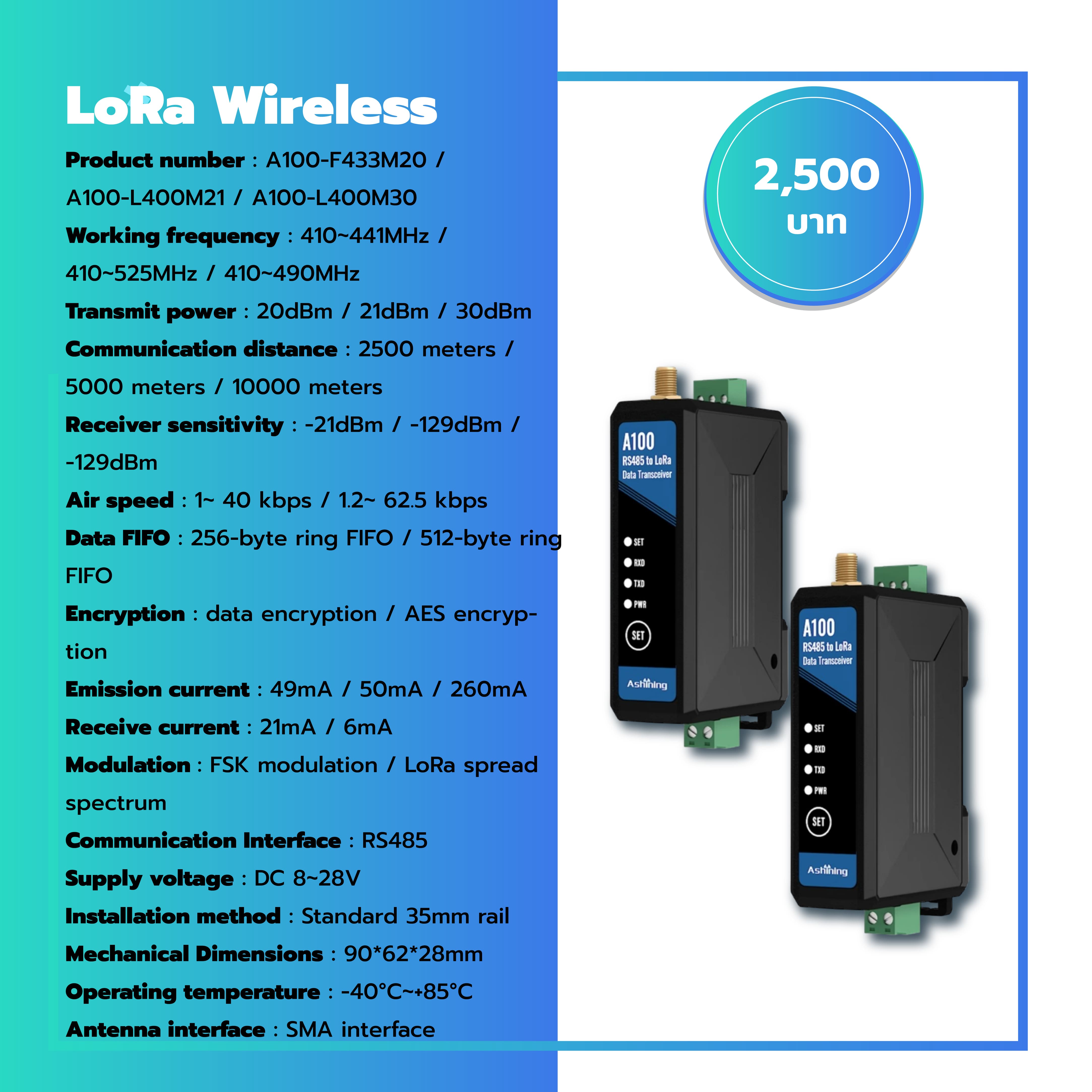 A100-F433M20 to LoRa Data Transceiver จัดส่งข้อมูลระยะไกล ไร้สาย ...
