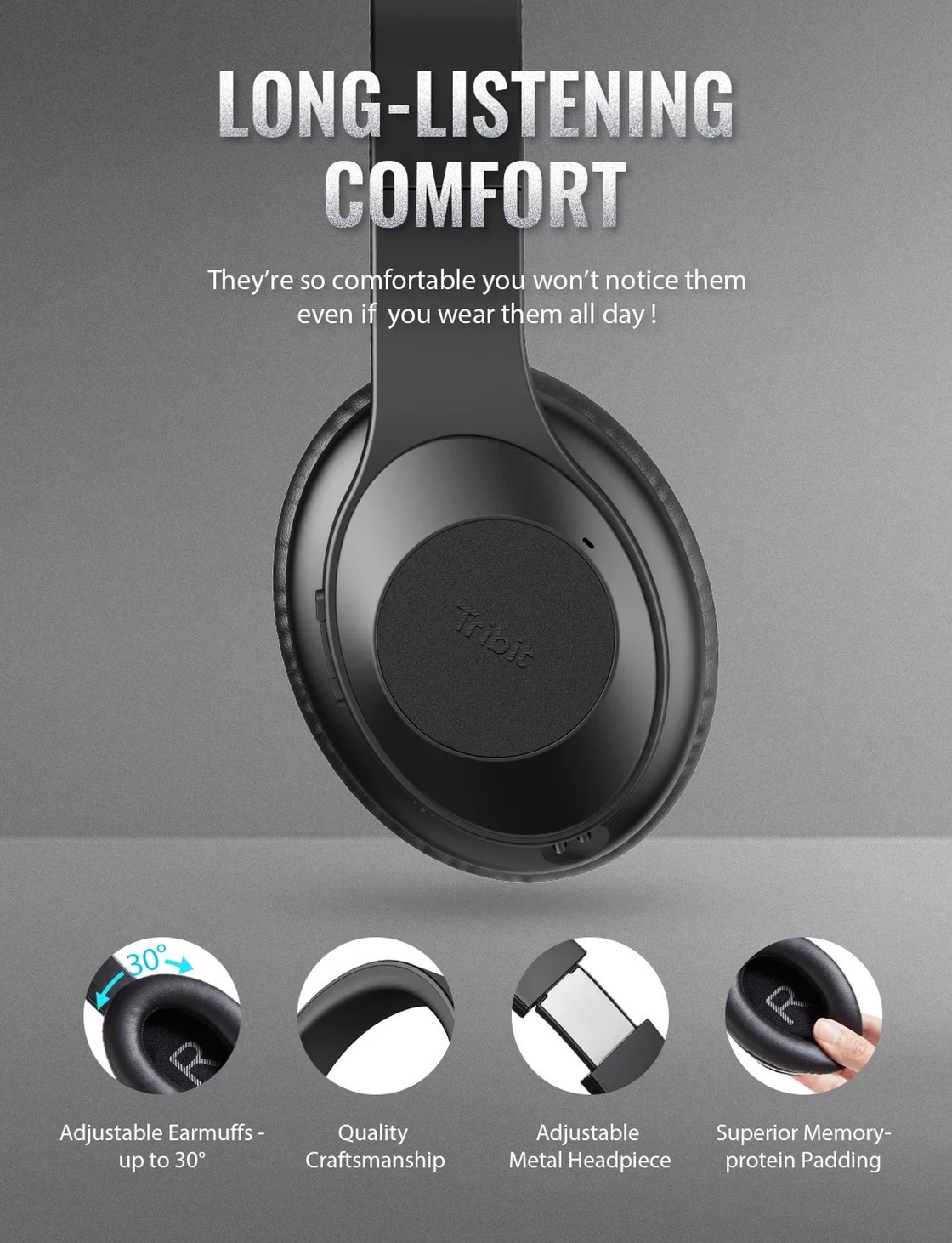 Tribit QuietPlus Active Noise Cancelling Wireless Headset Music Heavy ...