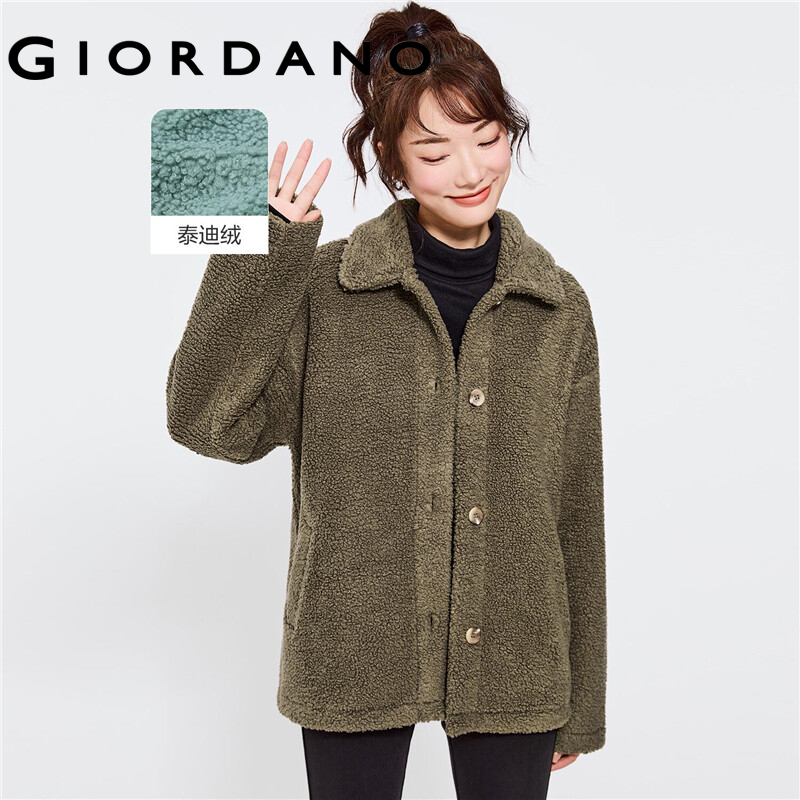 GIORDANO Women Coats Teddy Fleece Turn-Down Collar Casual Coats Drop ...