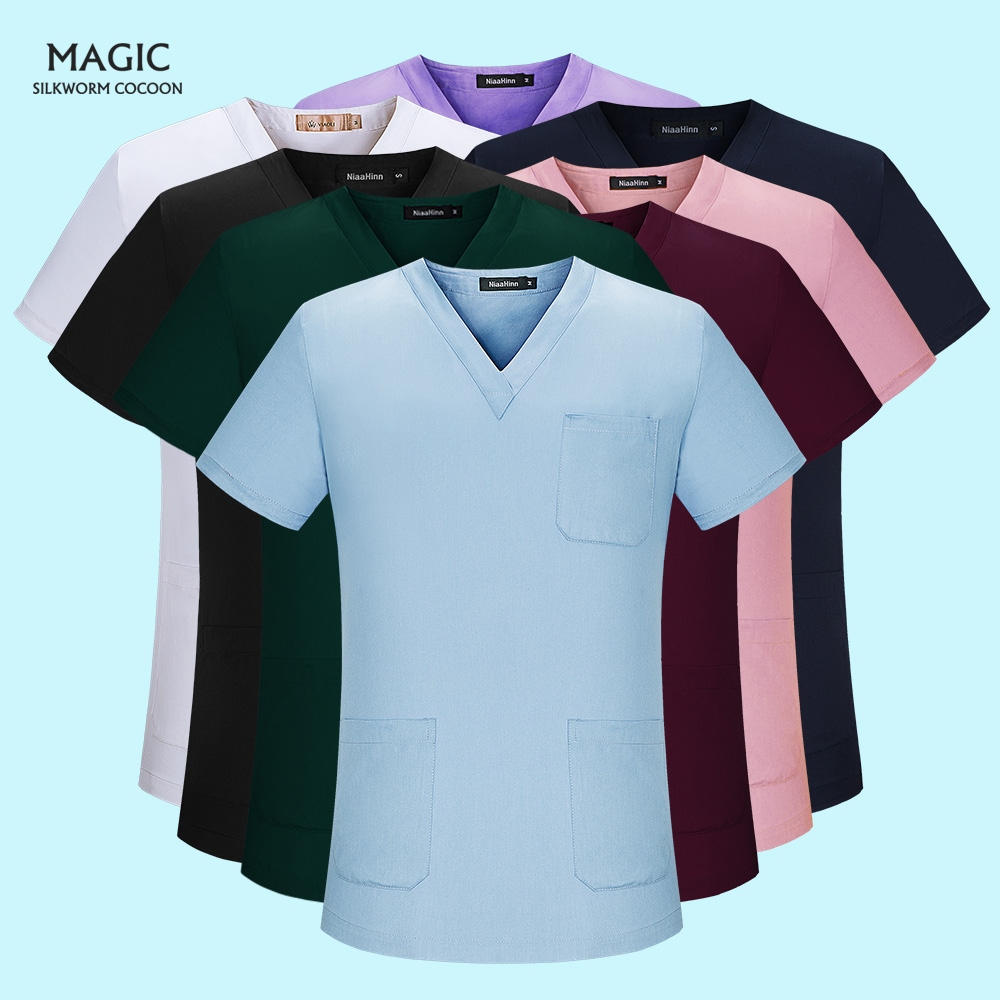 Short Sleeved V neck Uniform Solid Color Nursing Scrubs Tops Beauty ...