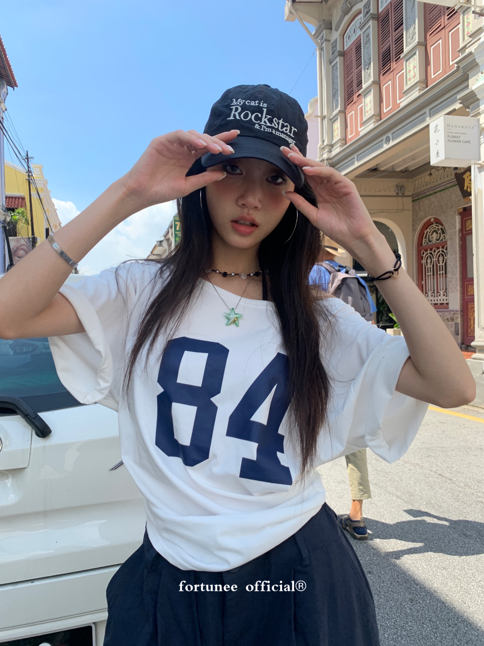 Fortunee เสื้อยืดคอกว้างแขนสั้น พิมพ์ลายเขล 84 สไตล์วินเทจ สำหรับฤดู ...