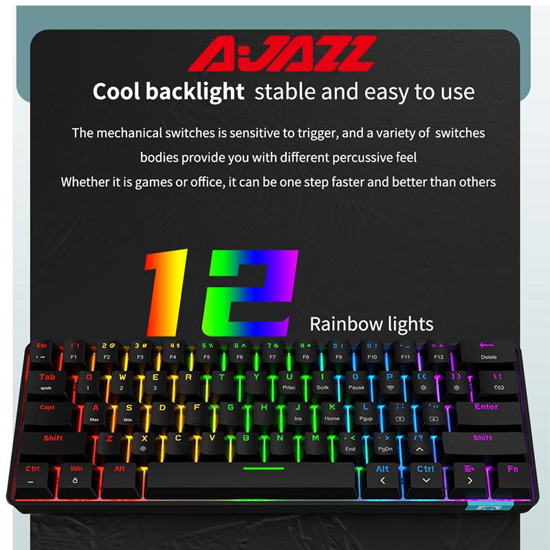 Ajazz STK61 Mechanical Keyboard Wireless Bluetooth Concise 61 Keys Dual Mode Rainbow Backlit ...
