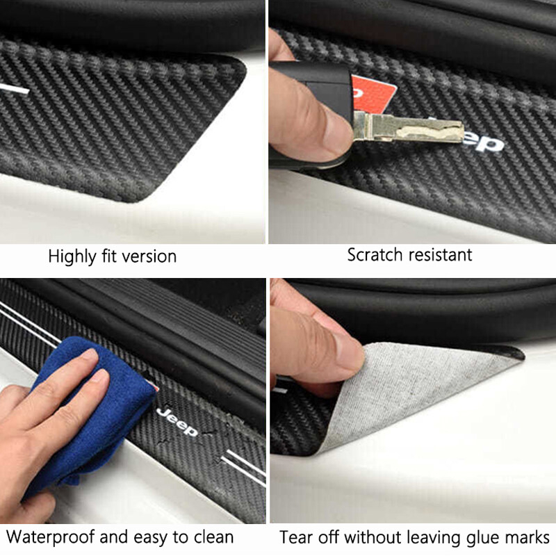 4pc/Set Car Door Side Step Sill Strip Carbon Fibre Leather Anti Scratch ...