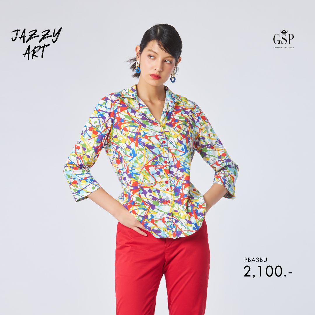 GSP Womans shirt Jazzy Art เสื้อเชิ้ตผู้หญิง แขนสามส่วน สีสดใส PBA3BU - A'MAZE - ThaiPick