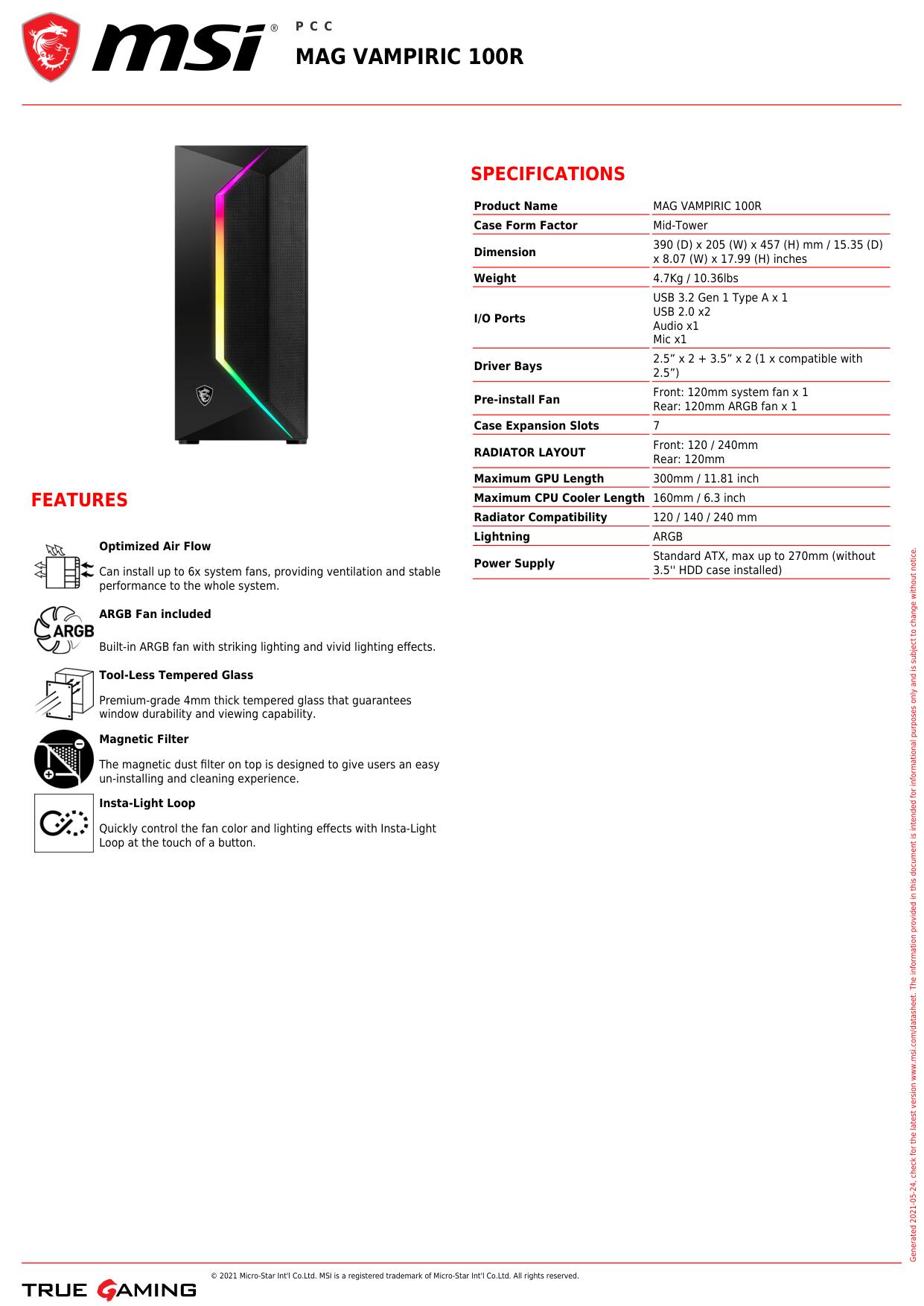 MSI CASE MAG VAMPIRIC 100R (เคสคอมพิวเตอร์) Pre-Order จัดส่งภายใน7-15 ...