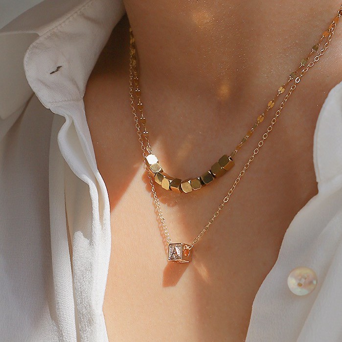 seadada สร้อยตัวอักษร A-Z สร้อยพร้อมจี้ 14k squares letter necklace - home_666 - ThaiPick