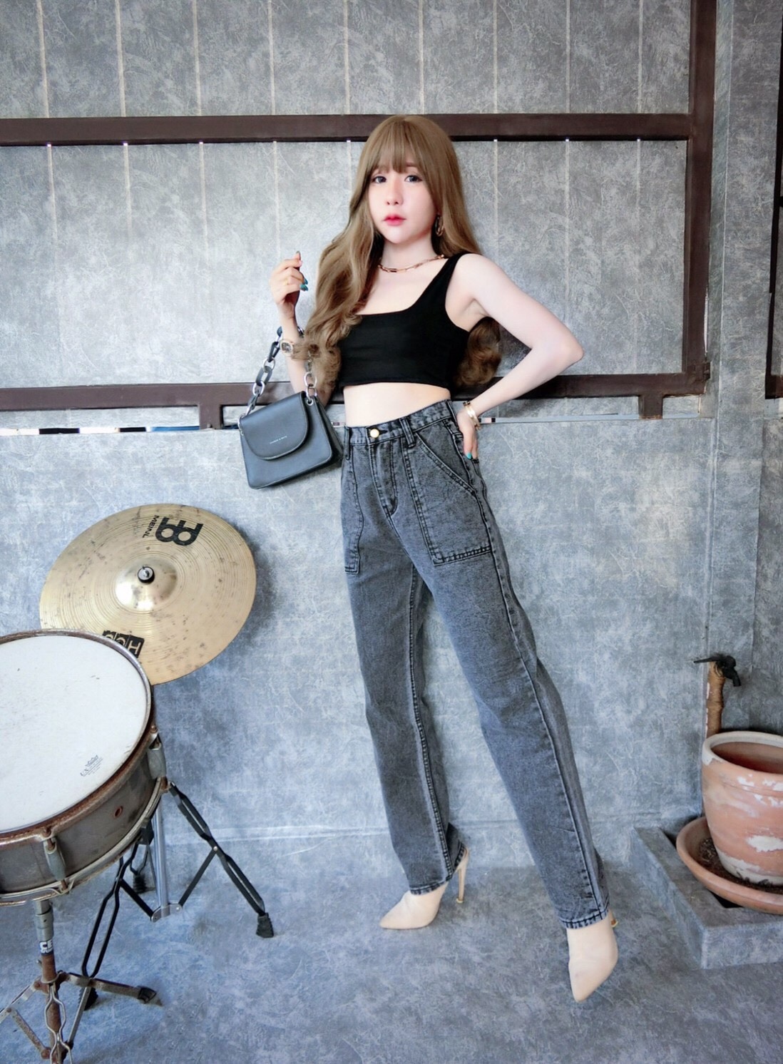 iFashion 019 กางเกงยีนส์ผู้หญิง ทรงกระบอก เอวสูง แต่งกระเป๋าข้าง กางเกงผู้หญิง - Ailan - ThaiPick