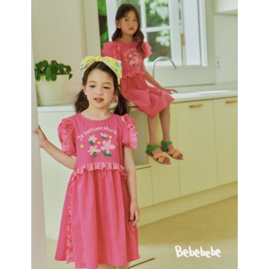 พร้อมส่ง8090100110สินค้าลิขสิทธิ์แท้Iris kids IKD06 Yellow flower pink princess dress เดรสเด็ก ...
