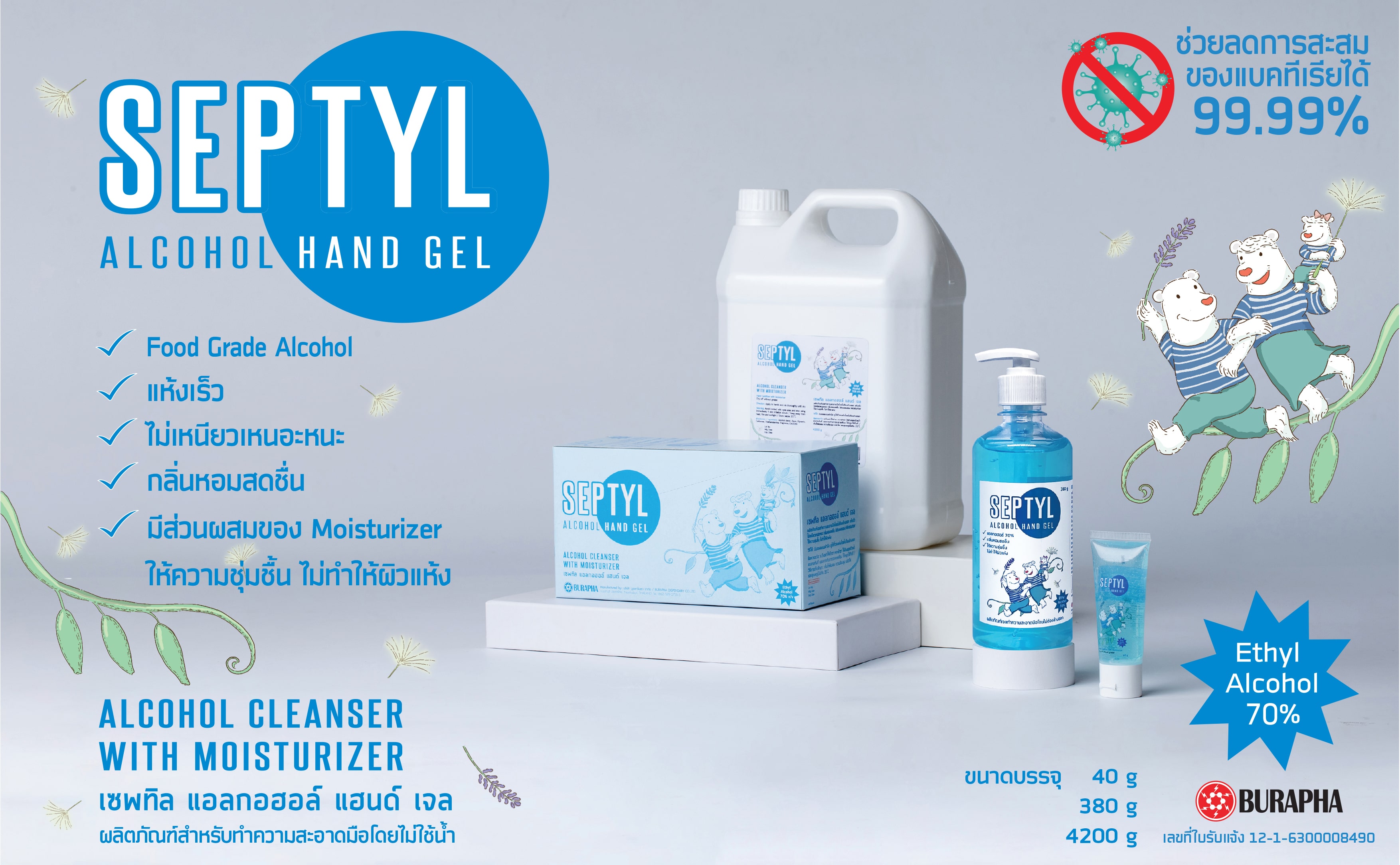 แอลกอฮอล์เจล 70 Septyl Alcohol Hand Gel 4200 g Food grade - Healthy Stuffs - ThaiPick