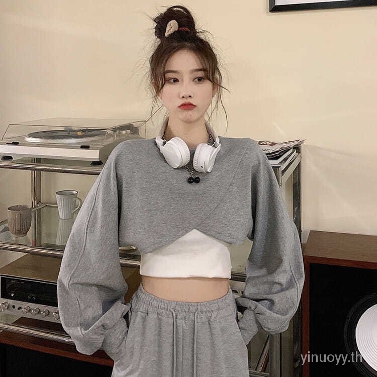 DH100-1.44 เสื้อกันหนาวสั้นหญิงสะดือหลวมเวอร์ชั่นเกาหลีของการออกแบบฤดูใบไม้ร่วงสาวร้อนเสื้อแขน ...