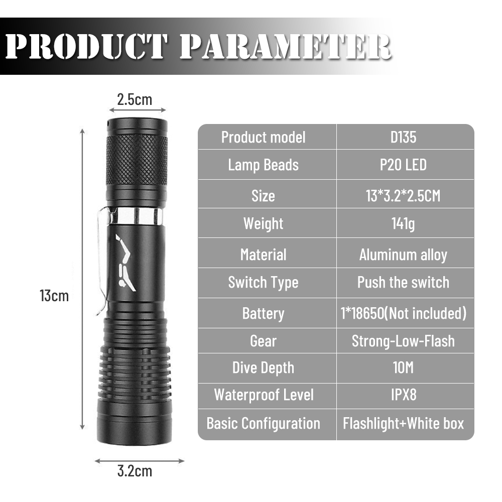 Asafee D135 Mini LED Diving Flashlight With P20 LED 3 Lighting Modes ...