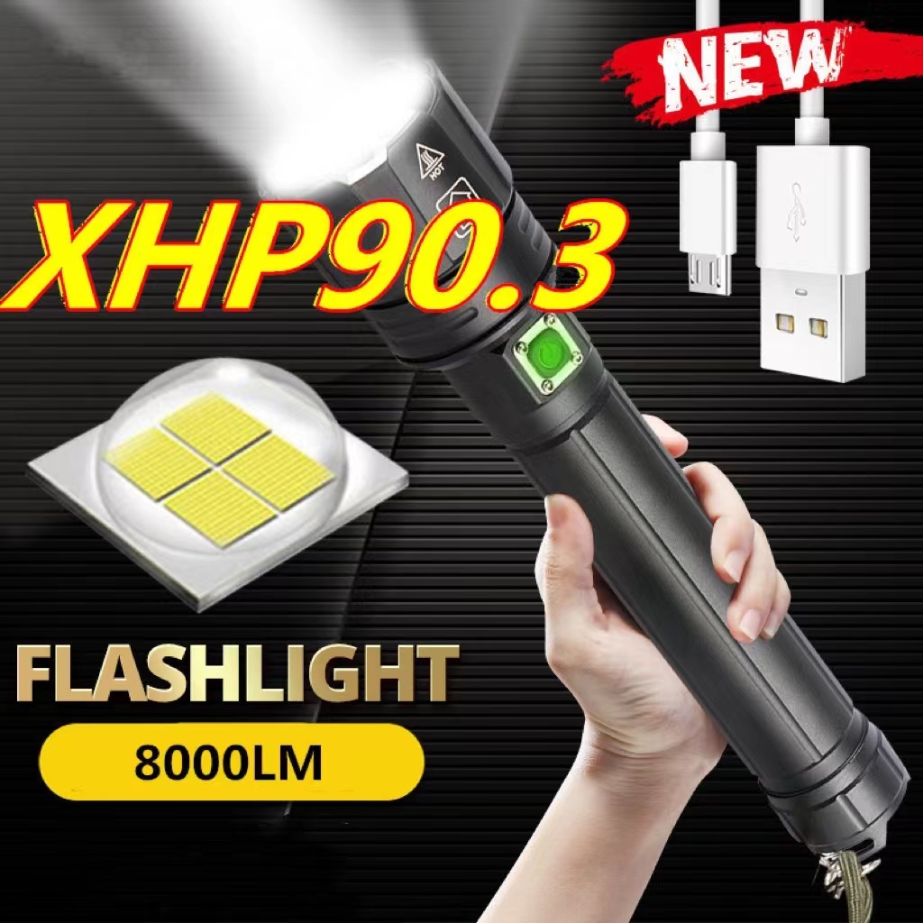 【เรือจากประเทศไทย】XHP90.3 ไฟฉายแรงสูง ไฟฉาย With 2*26650 battery ...