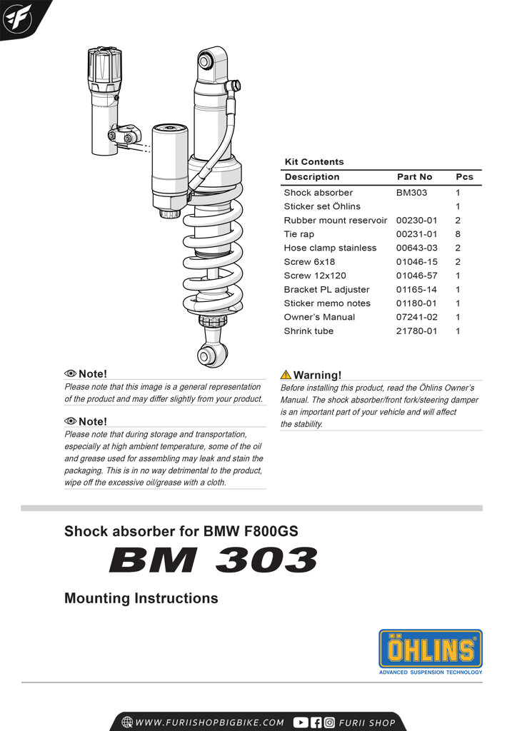 โช๊คหลัง OHLINS Sweden BM303 For BMW F800GS 2008-2016 - Furii shop ...