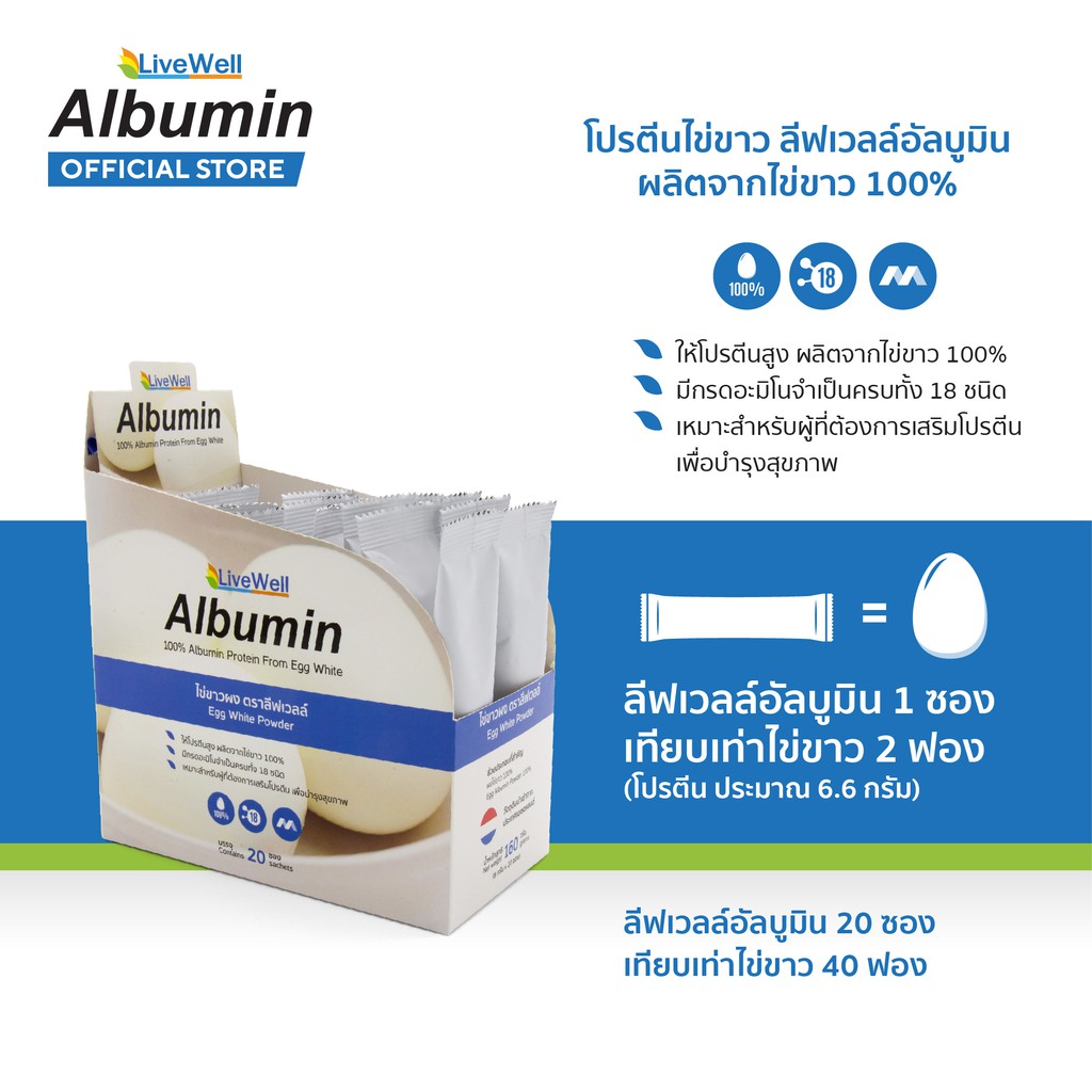 LiveWell Albumin Sachet ผงไข่ขาวแบบซอง ช่วยเสริมสร้างโปรตีน รสธรรมชาติ ...