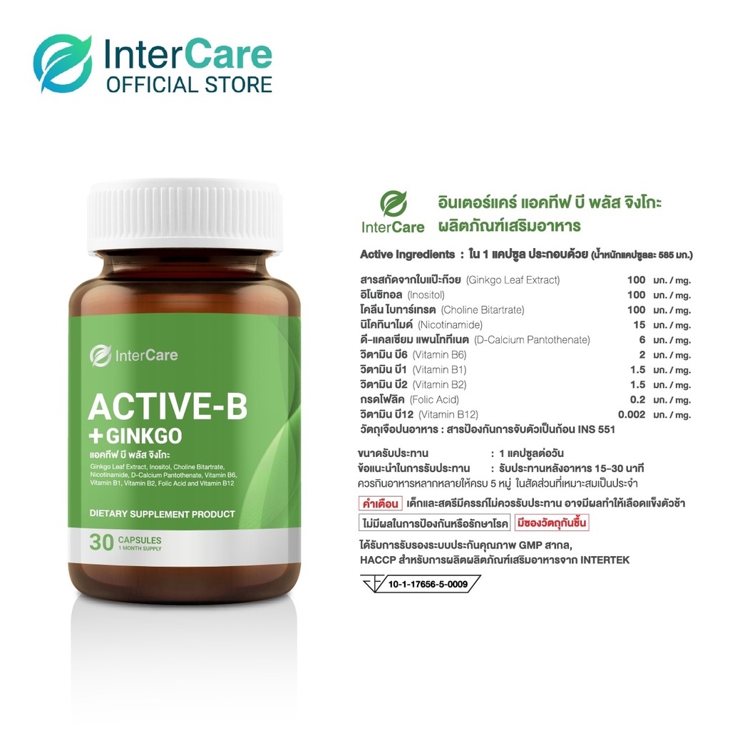 แพ็คคู่ InterCare Active-b plus Ginkgo สกัดจากใบแปะก๊วย วิตามินบี บำรุงสมองและระบบประสาท [2 ...