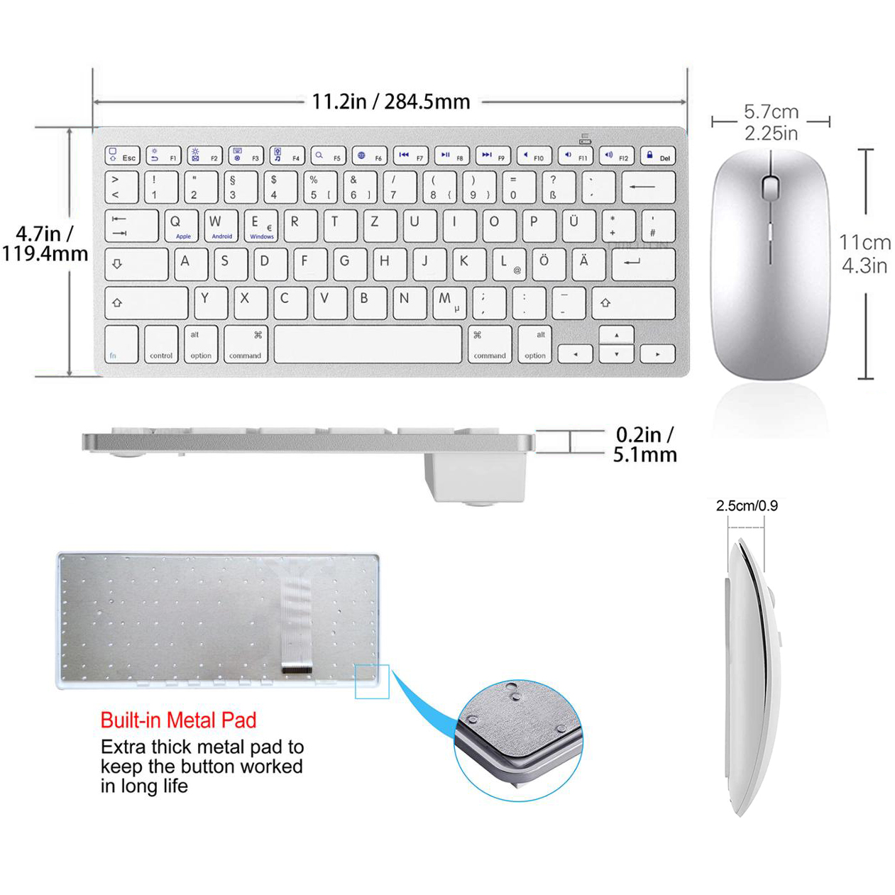 German QWERTZ Layout Bluetooth Keyboard Mouse Combo Wireless Bluetooth ...
