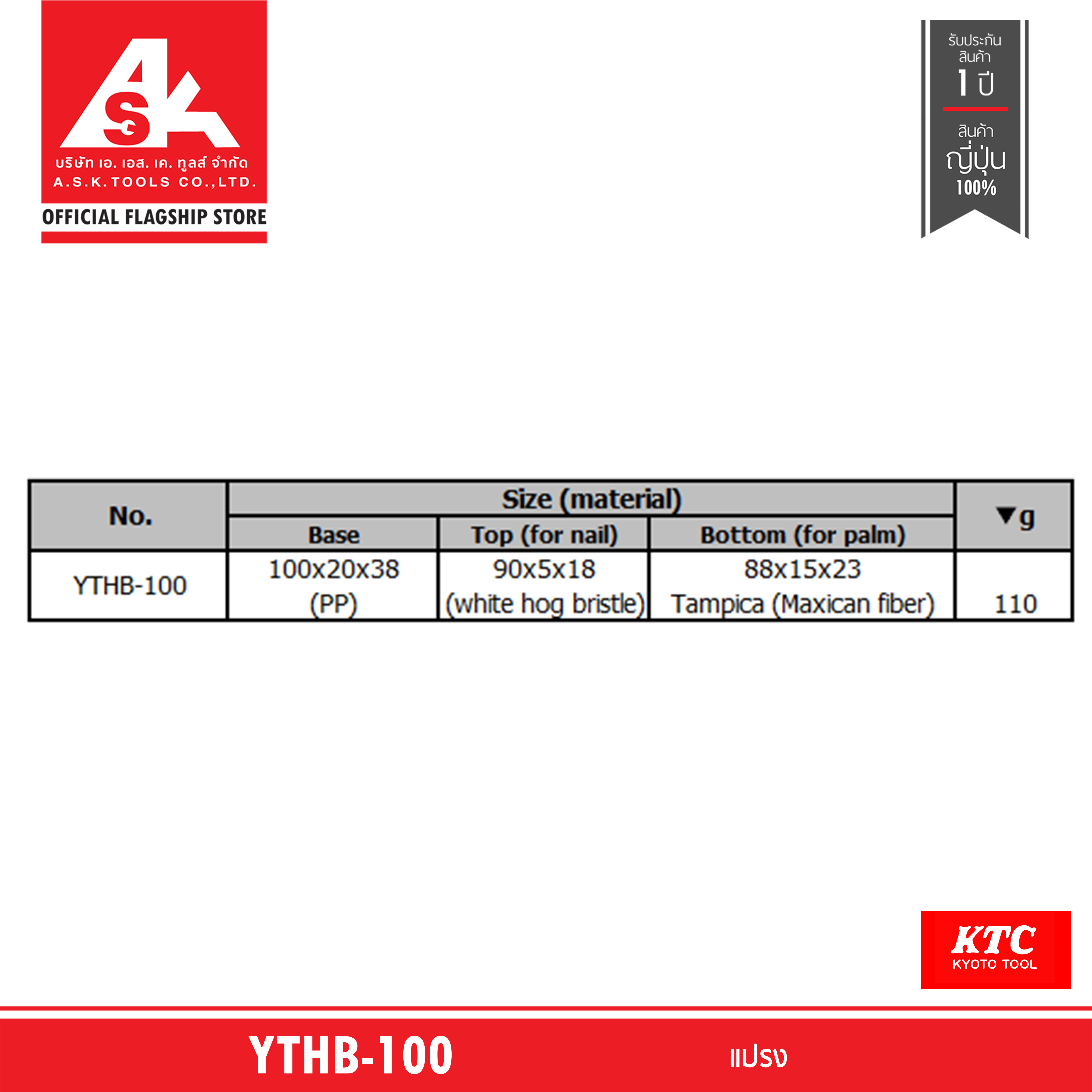 KTC แปรง รหัสสินค้า YTHB-100 - A.S.K. Tools - ThaiPick