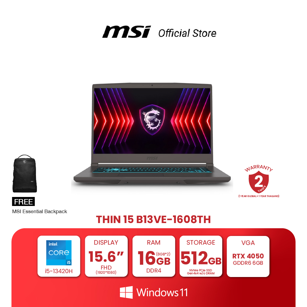 MSI NOTEBOOK Thin 15 B13VE-1608TH 15.6 FHD Intel Core i5-13420H NVIDIA GeForce RTX 4050 16GB ...